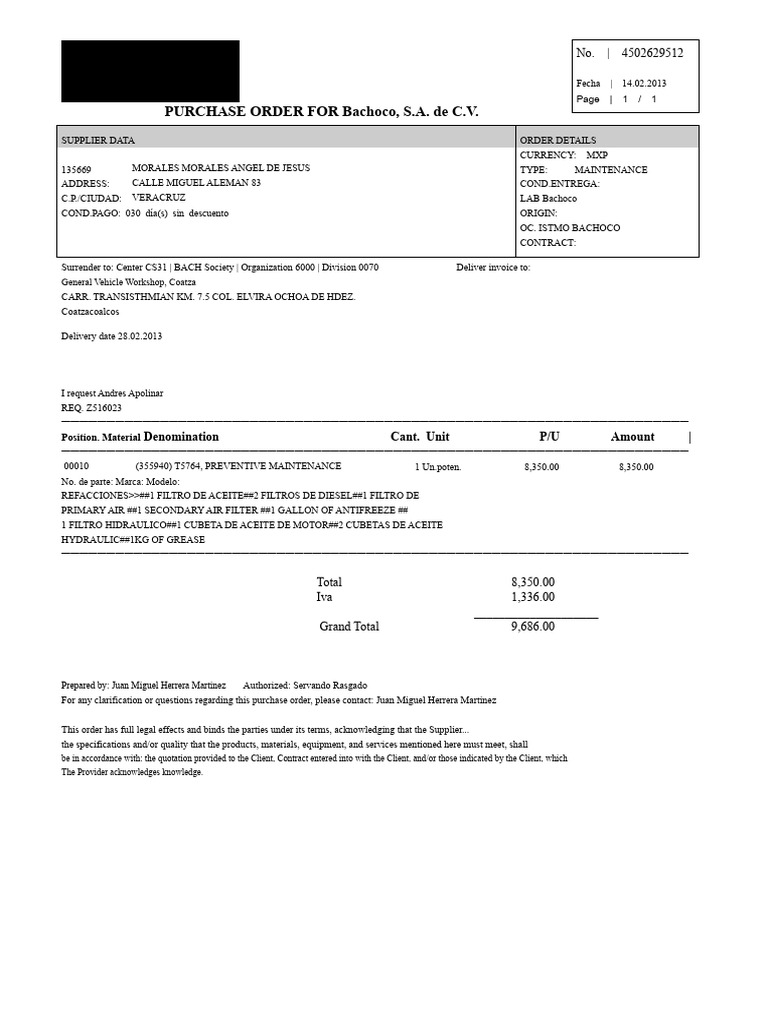 Purchase Order (Bachoco S.A. de C.V.) | PDF