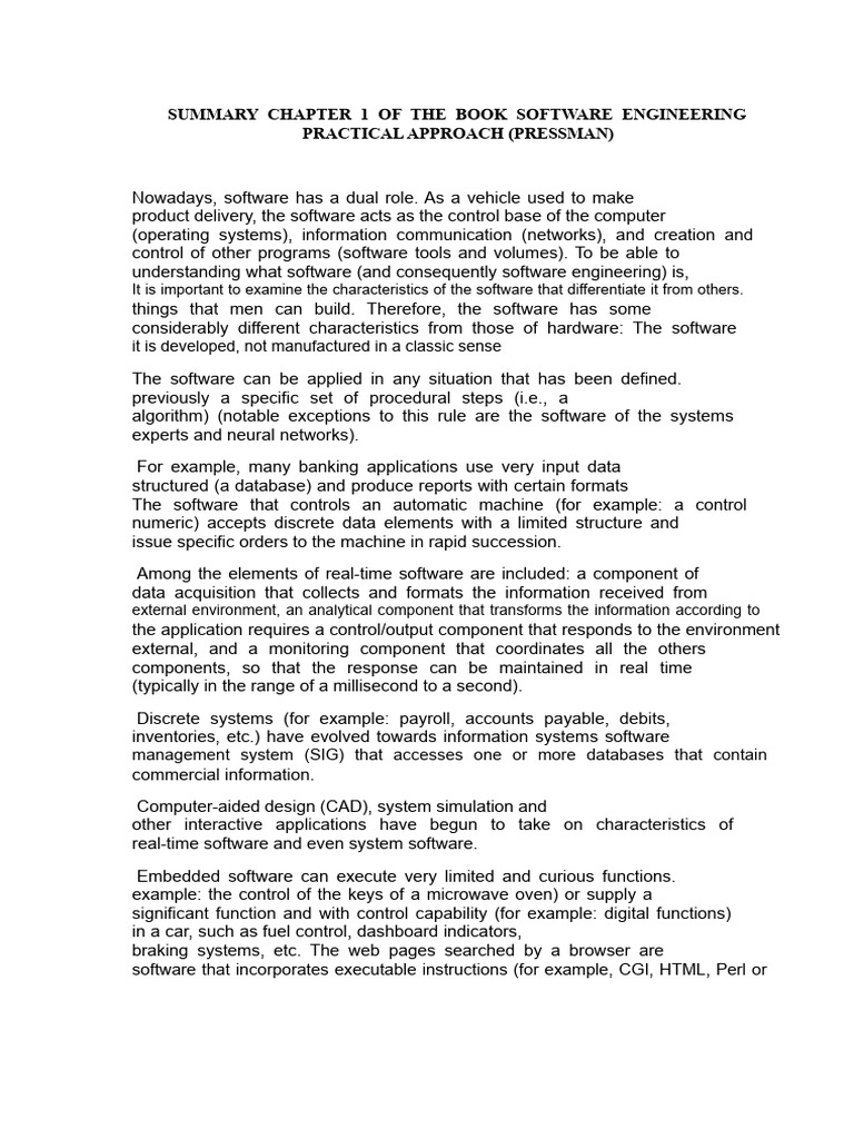 Summary Chapter 1 of The Book Software Engineering A Practical Approach ...