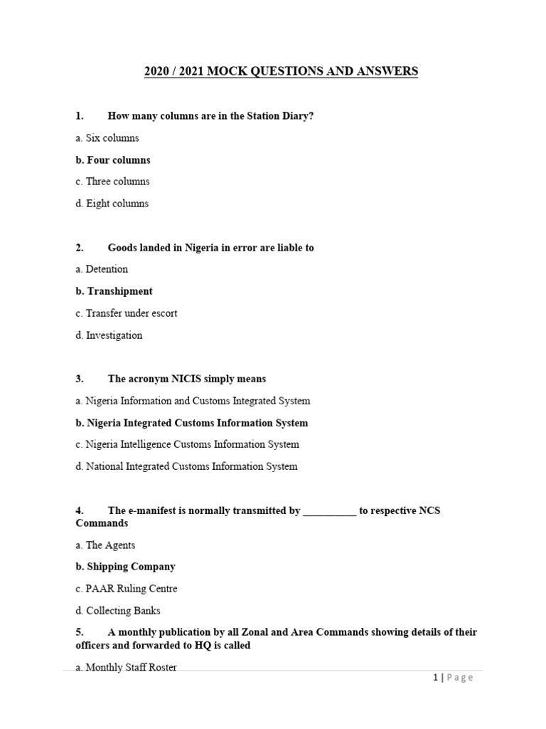 Customs Mock Questions and Answers 2021 | PDF | Customs | Valuation ...