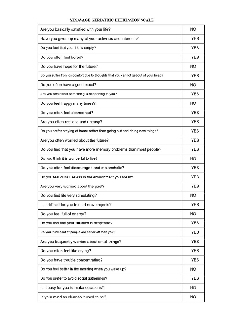 Yesavage Geriatric Depression Scale | PDF | Major Depressive Disorder | Geriatrics