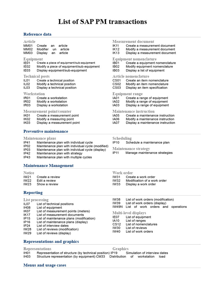 SAP PM Transaction Codes | PDF | Menu | Computing