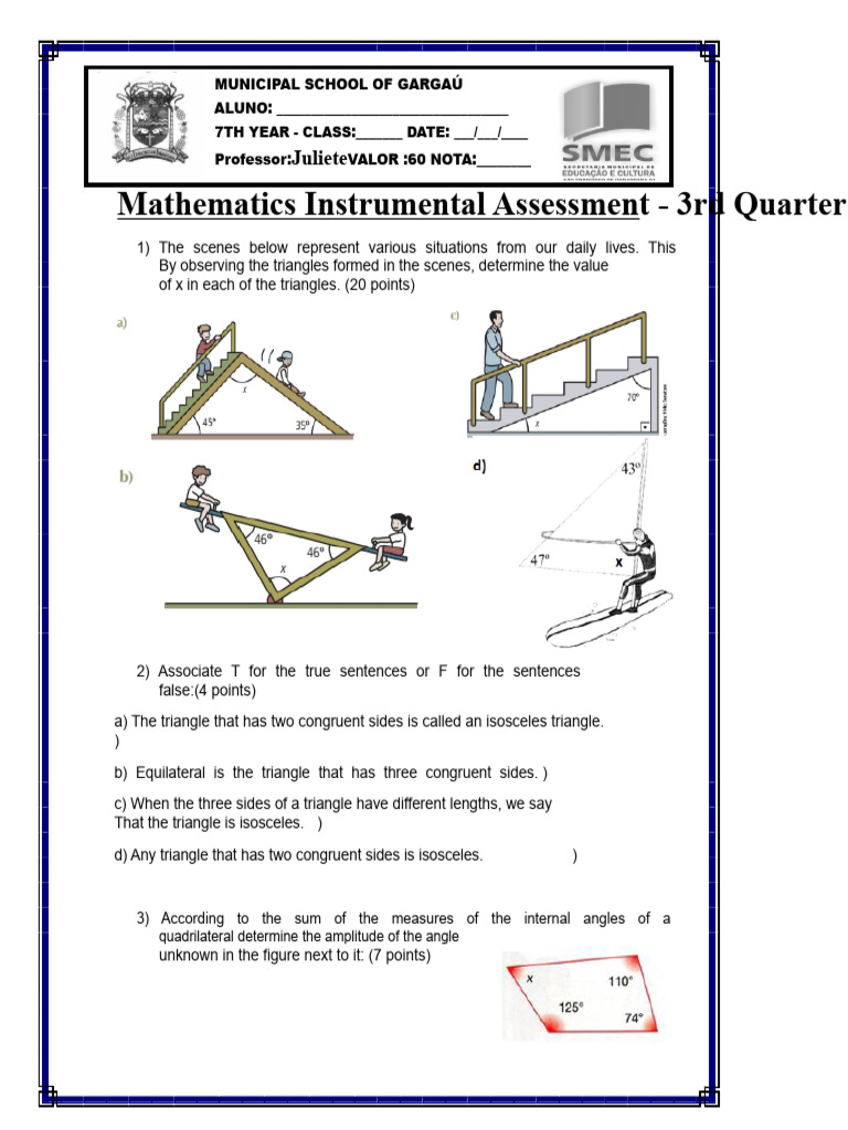 7th Year Math Assessment: Triangles & Angles | PDF | Triangle ...