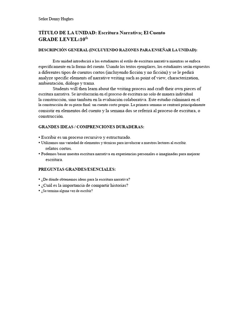 Plan de Unidad de Escritura Narrativa | PDF | Cuentos | Teoría literaria