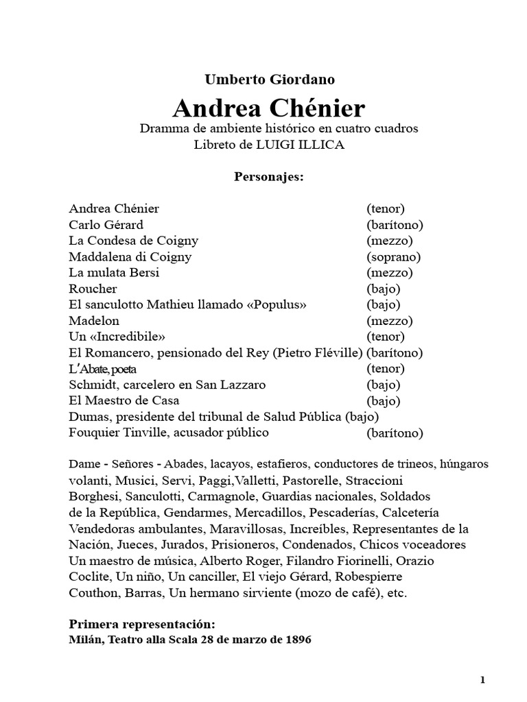 "Andrea Chénier: Dramma Histórico en Cuatro Actos" | PDF