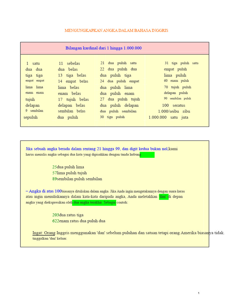 Angka dalam Bahasa Inggris: Panduan Lengkap | PDF
