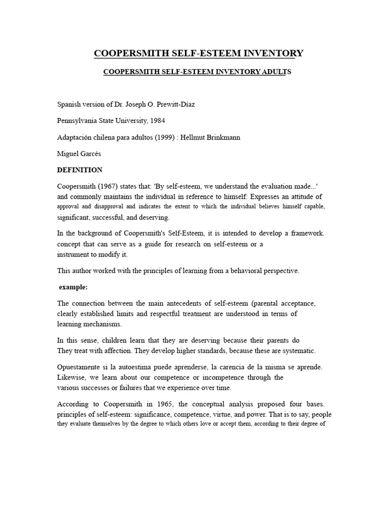 Coopersmith Self-Esteem Inventory Overview | PDF | Self Esteem | Social ...
