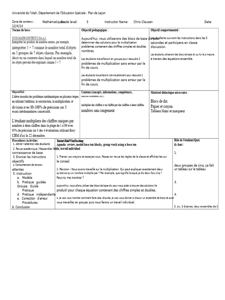 Plan de Leçon de Multiplication 3ème Année | PDF | Multiplication ...