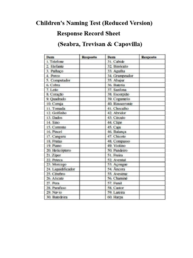 Child Naming Test | PDF