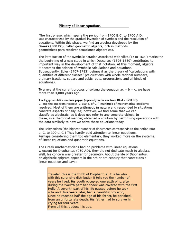 Evolution of Linear Equations History | PDF | Equations | Algebra