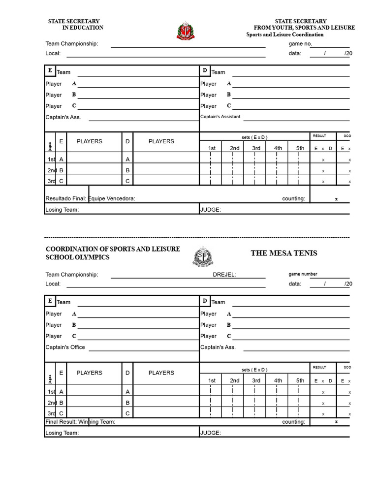 Table Tennis Score Sheet | PDF | Ball Games | Sports