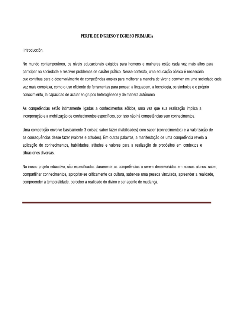 Perfil de Ingreso e Egresso na Educação Primária | PDF | Matemática ...