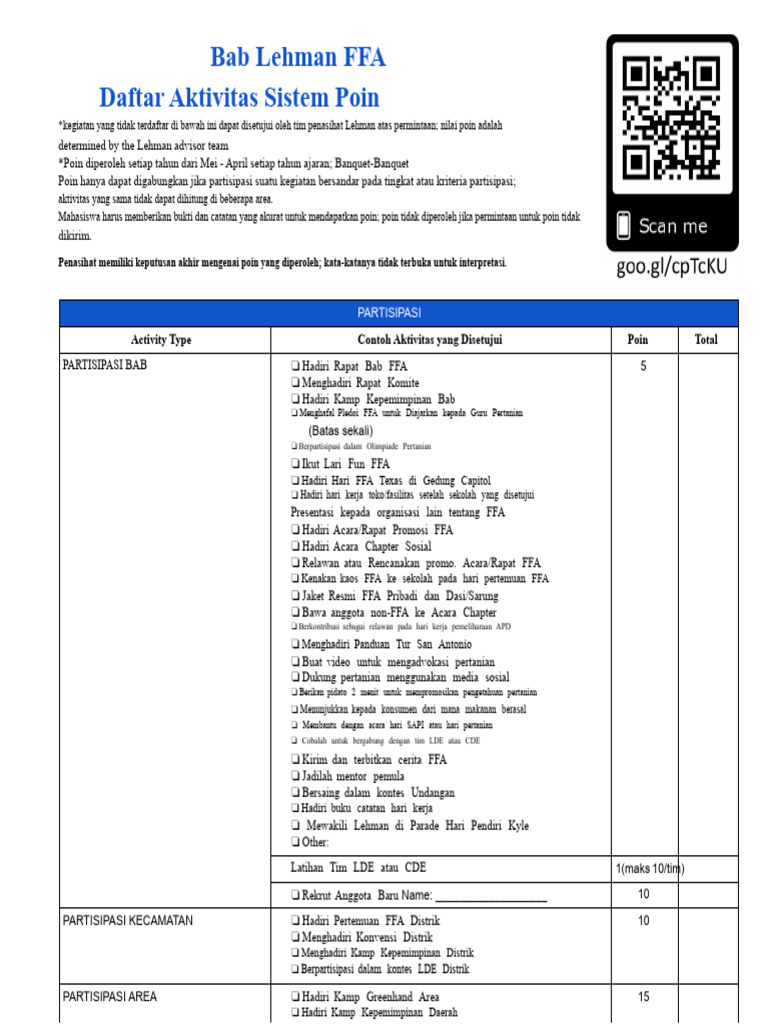Aktivitas dan Poin FFA Lehman | PDF