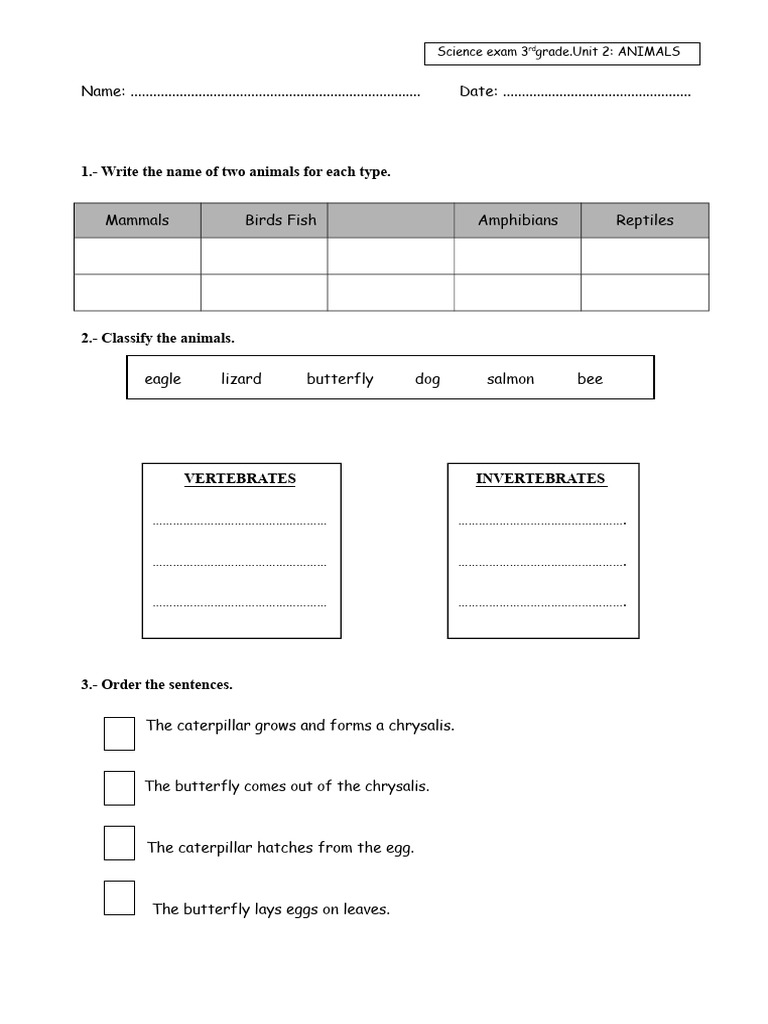 Grade 3 Science Exam: Animals Unit | PDF | Egg | Butterfly