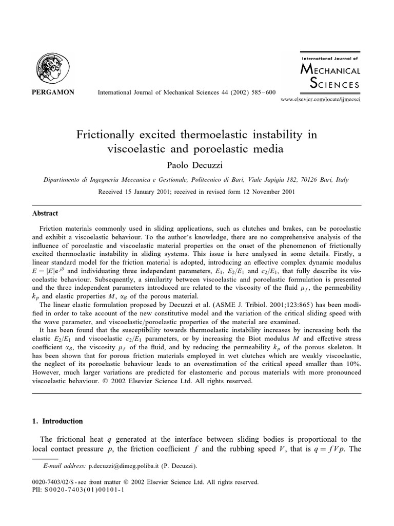 Thermoelastic Instability in Friction Materials | PDF | Viscoelasticity ...