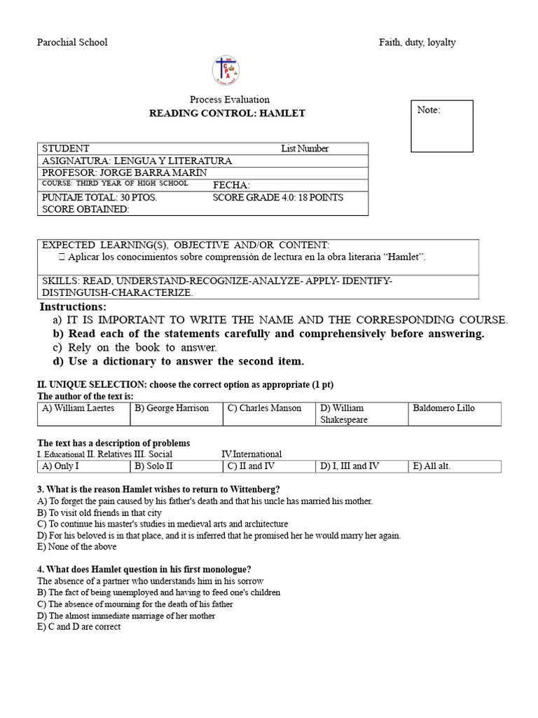 Assessment of Process READING CONTROL - HAMLET | PDF | Hamlet