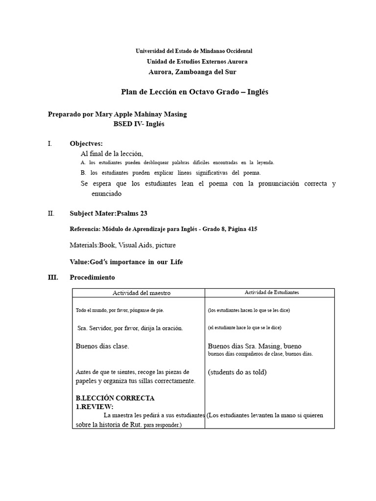 Plan de Lección: Salmos 23 en Inglés | PDF | Salmos