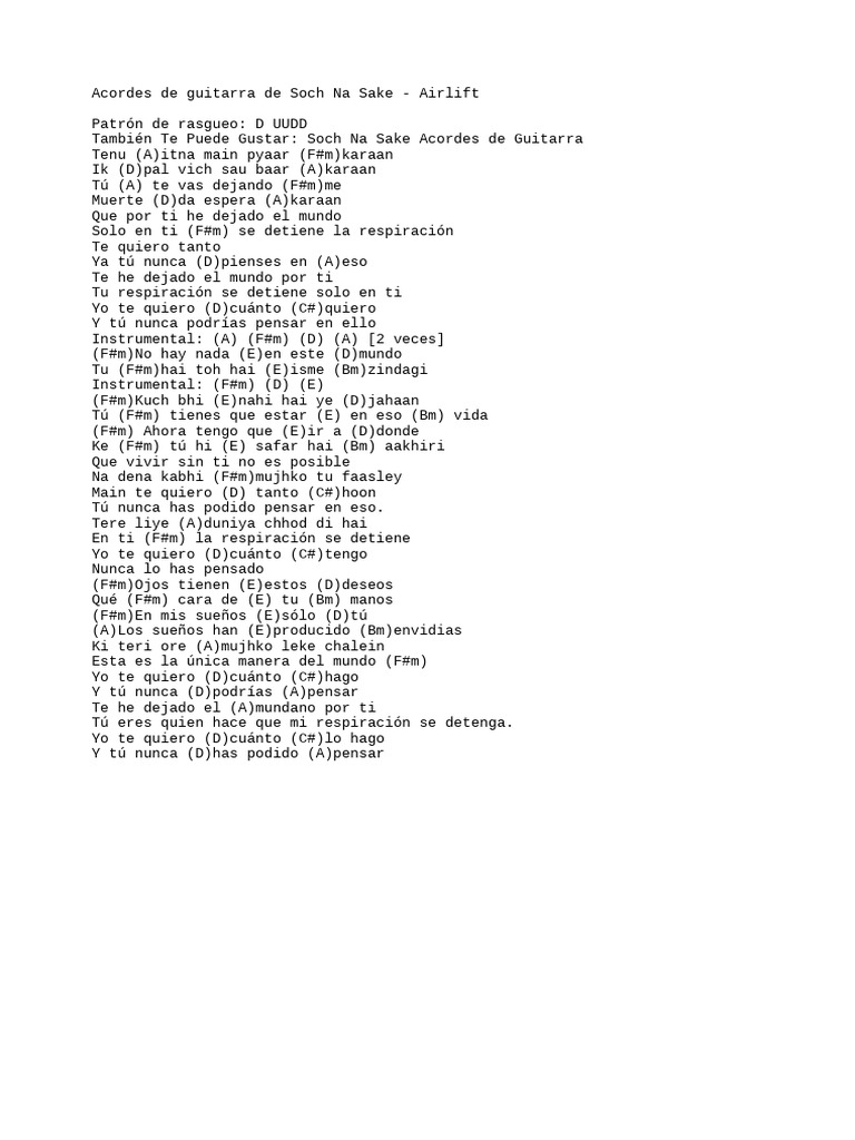 Acordes de Guitarra de Soch Na Sake - Airlift Con Patrón de Rasgueo | PDF