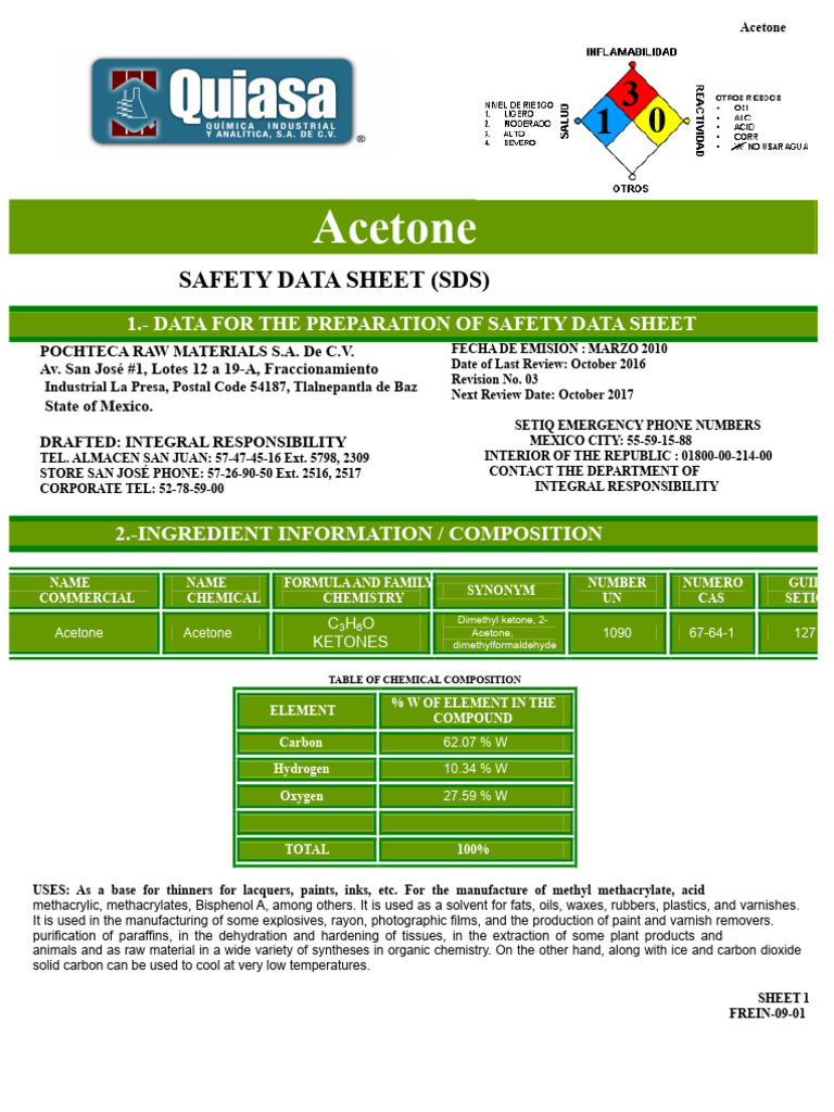 Acetone Safety Data Sheet (SDS) | PDF | Firefighting | Fires