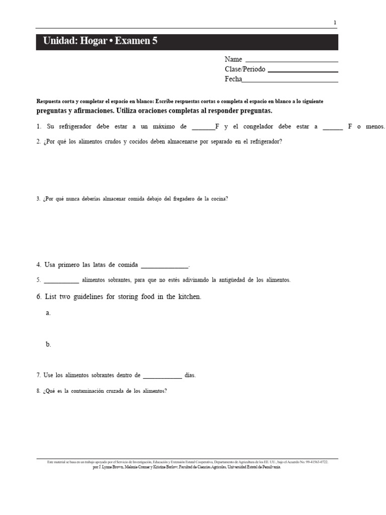 Examen de Seguridad Alimentaria 5 | PDF | Alimentos | Carne