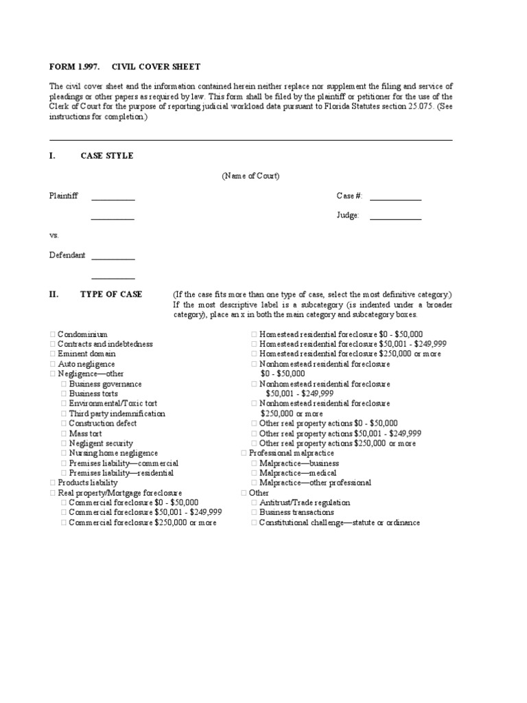 Form 1.997. Civil Cover Sheet | PDF