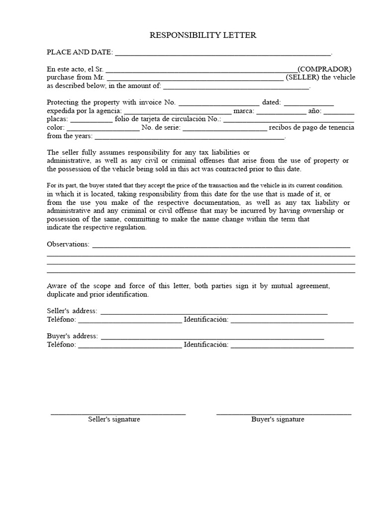 Responsibility Letter | PDF | Sales | Business Law