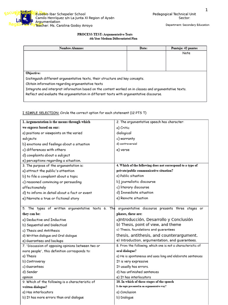 Argumentative Texts Test 4th Year of High School | PDF | Argument ...