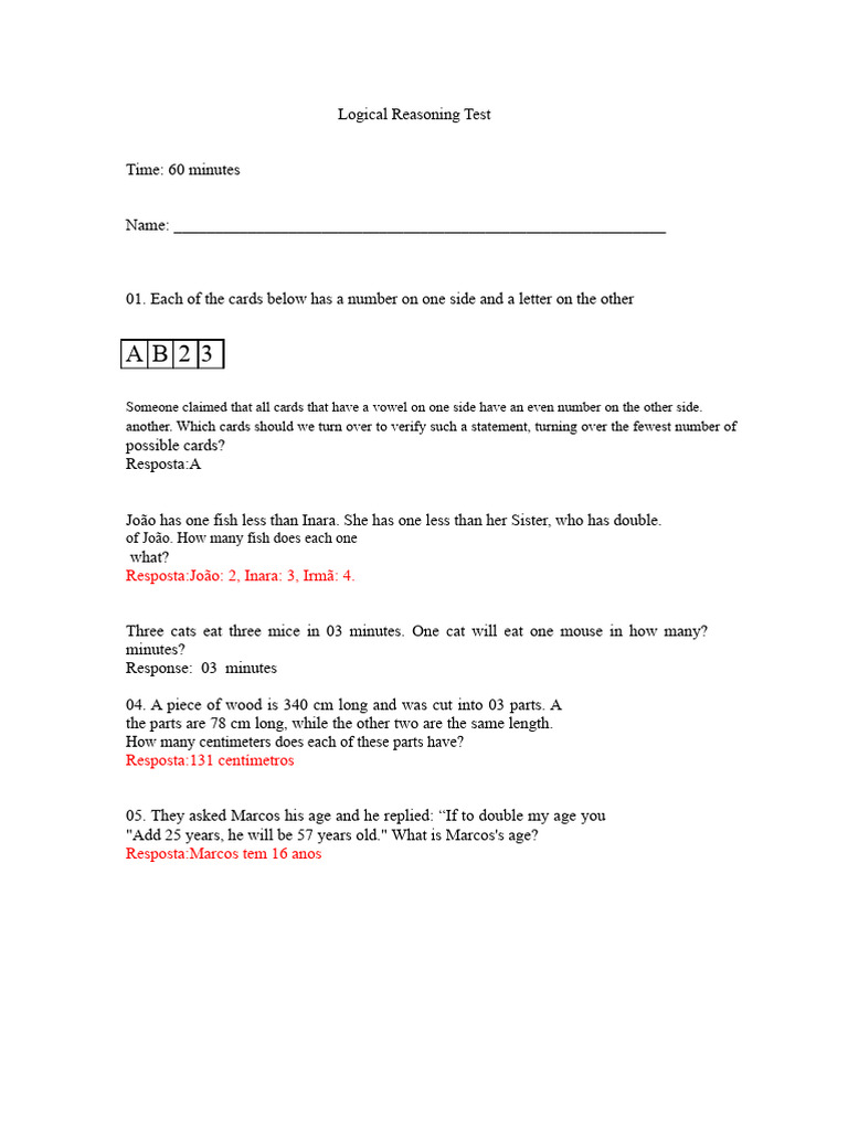 Logical Reasoning Test - Answer Key | PDF