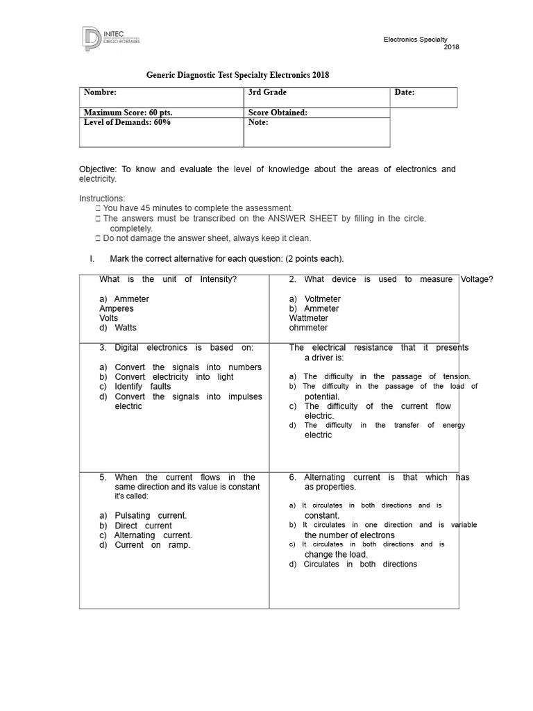 Diagnostic Evaluation 3rd Year Electronics 2018 | PDF | Electric ...