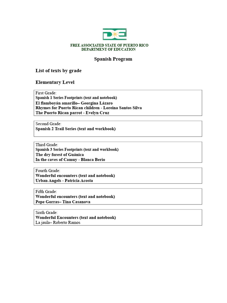 Puerto Rico Spanish Program Texts List | PDF | Spanish Language ...