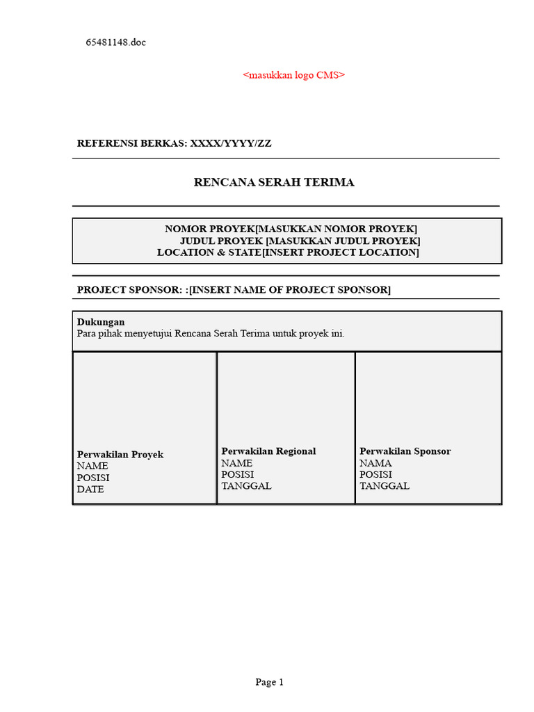 Template Rencana Serah Terima Proyek 6 - 290 100420 | PDF