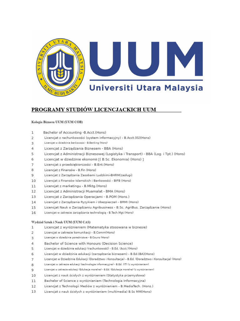 Programy Licencjackie Oferowane Przez UUM | PDF