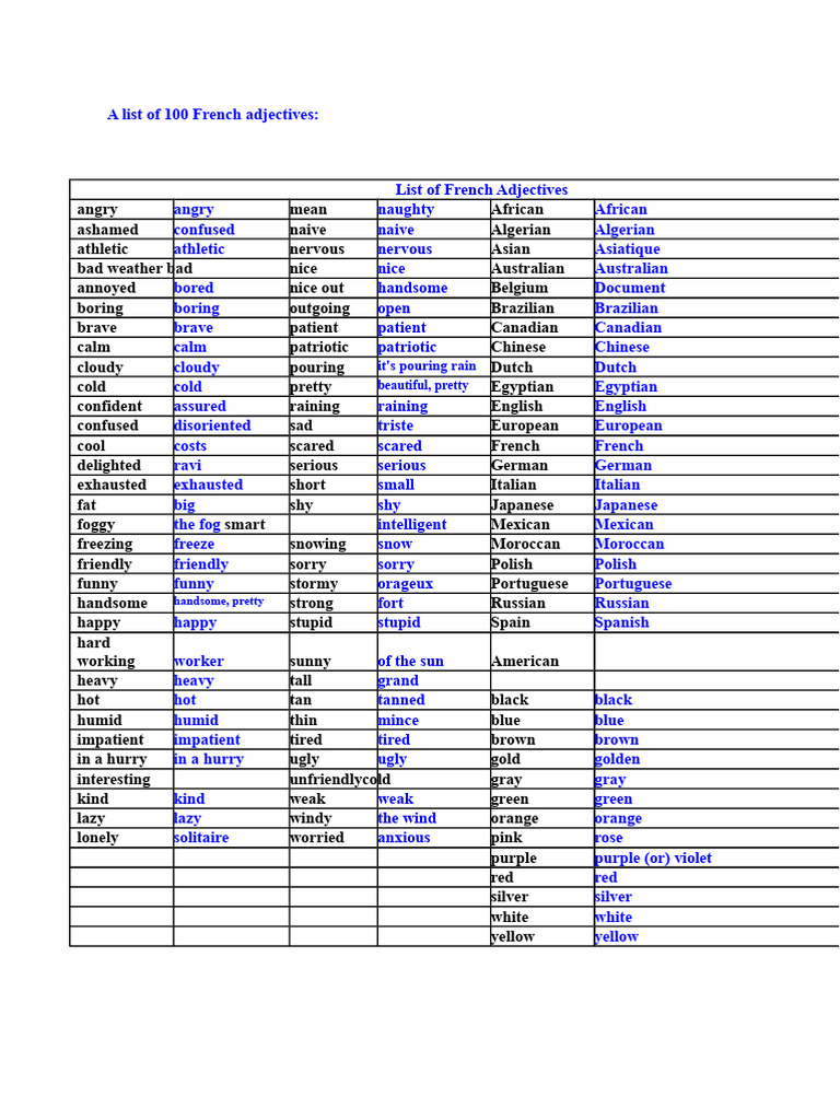 A List of French Adjectives | PDF | Color