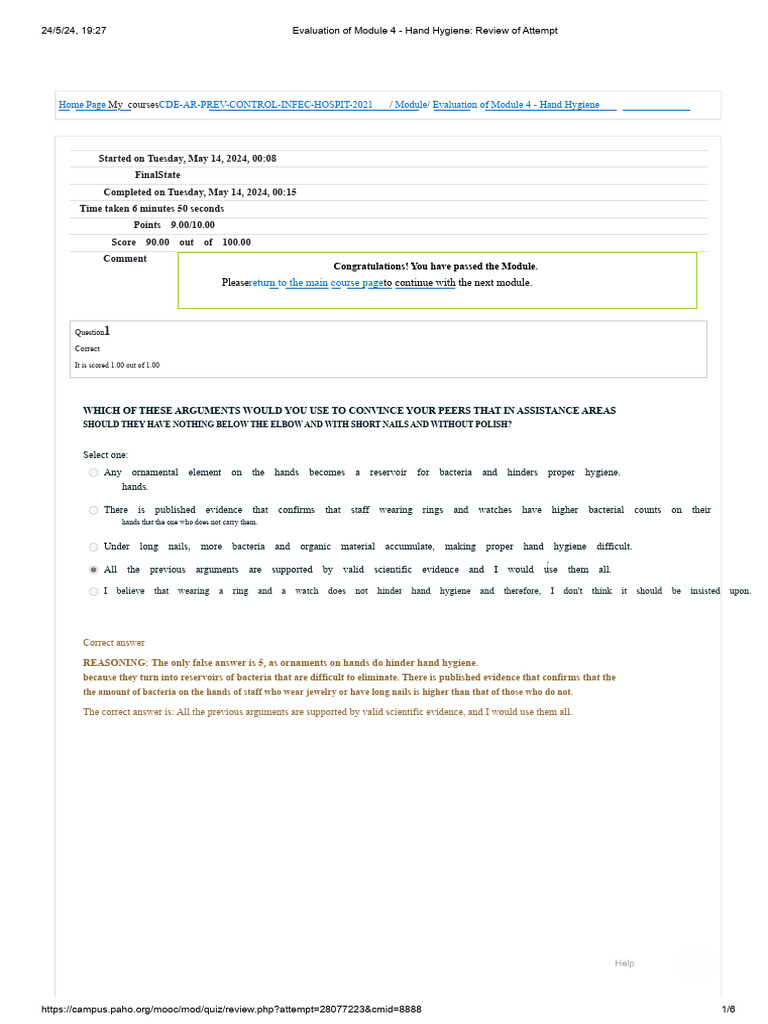 Assessment of Module 4 - Hand Hygiene - Review of Attempt 2 | PDF ...