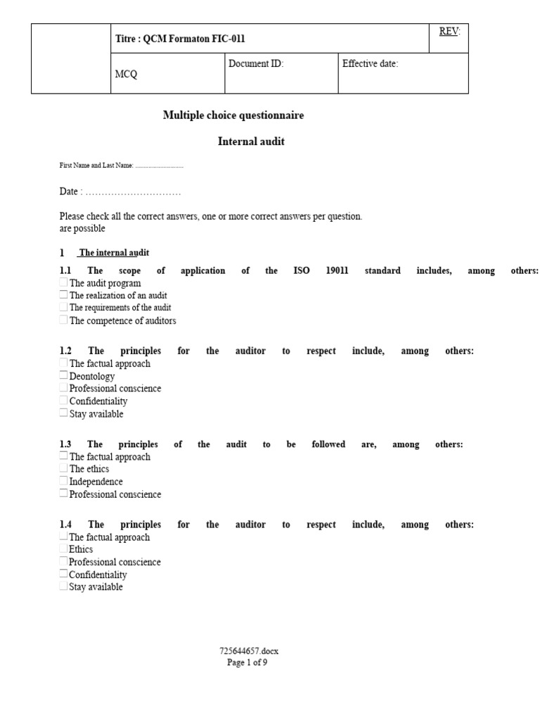 MCQ Training FIC-Internal Audit | PDF | Audit | Multiple Choice