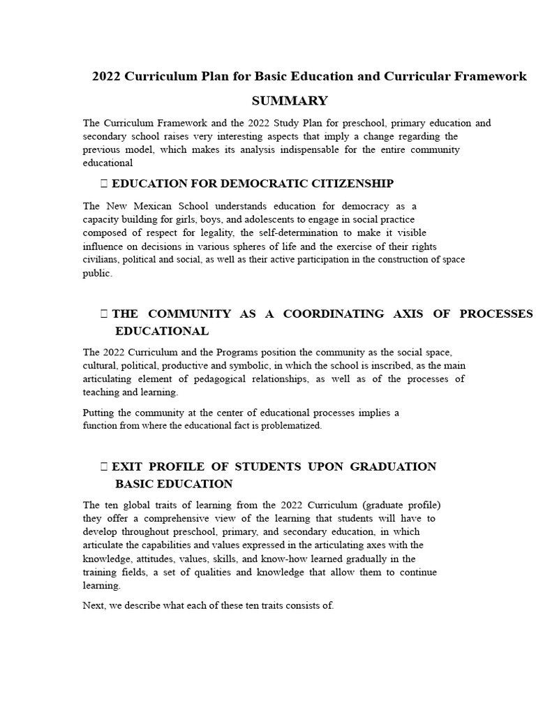 Summary 2022 Curriculum Plan For Basic Education And Curricular