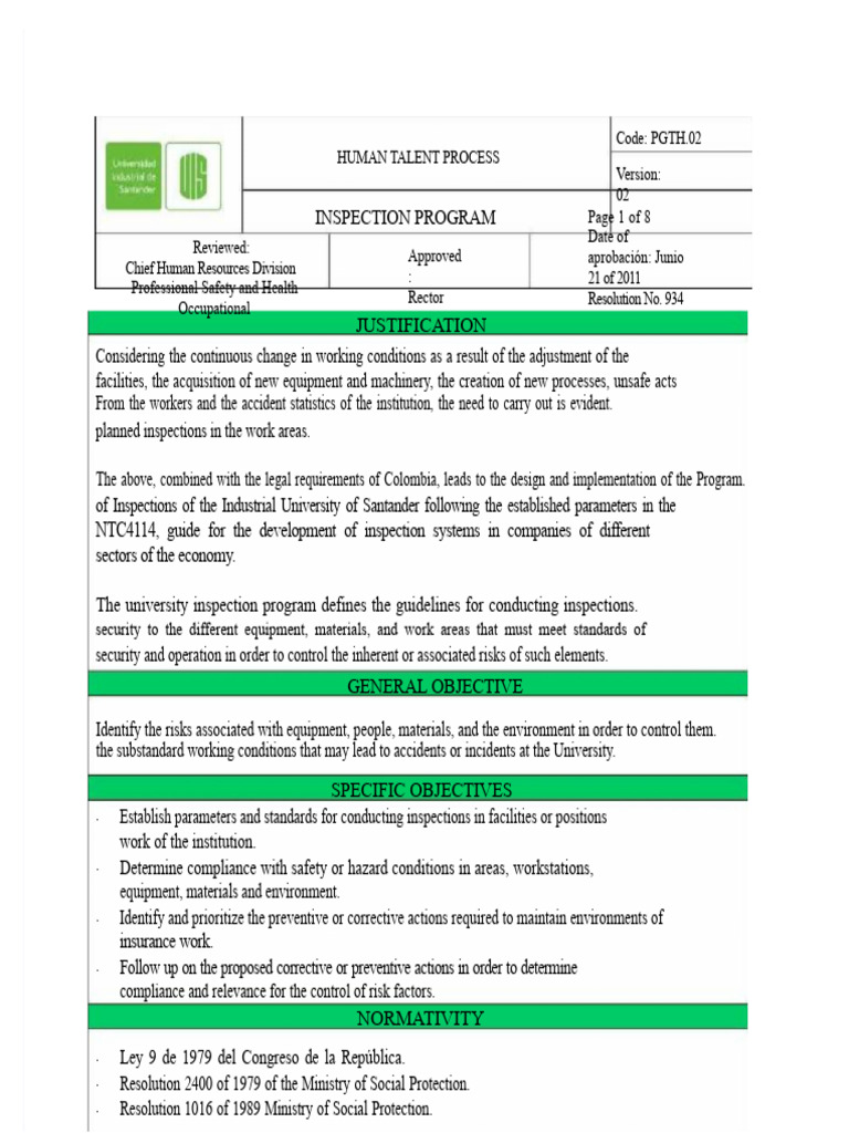 PDF Model of Inspection Program | PDF | Occupational Safety And Health ...