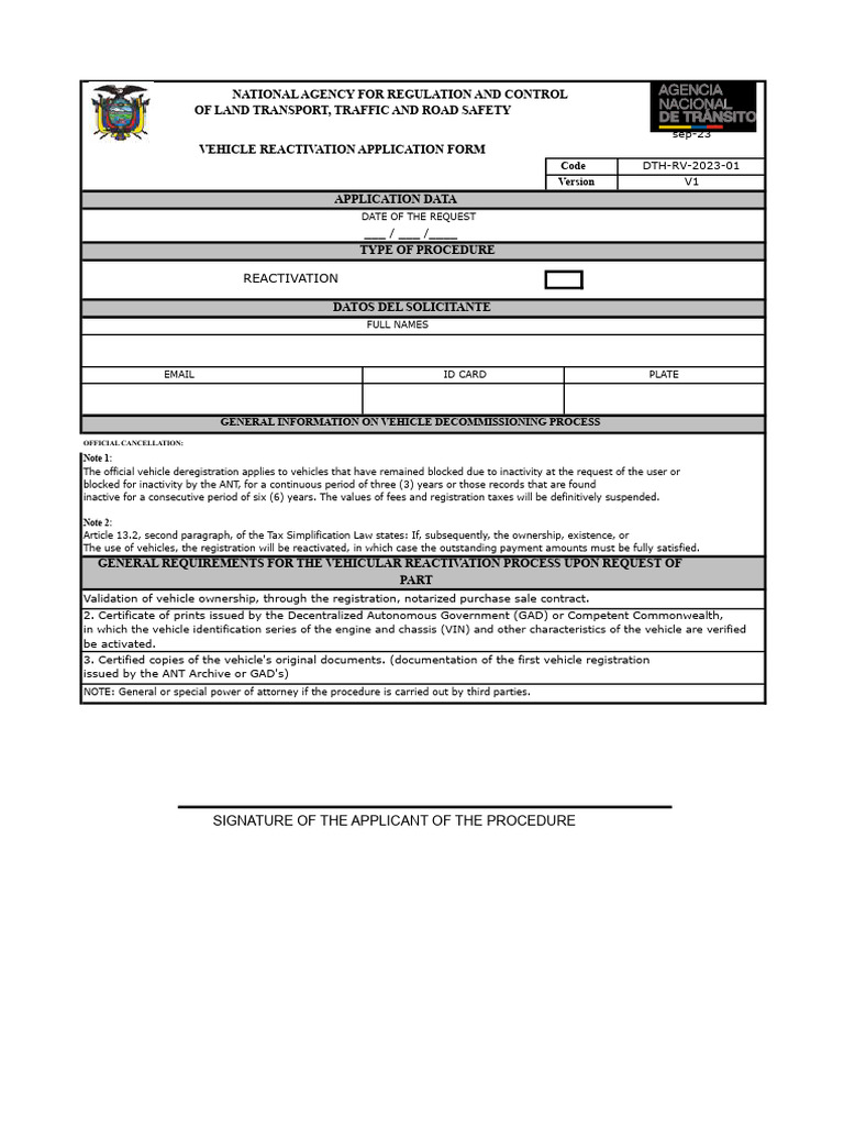 Vehicle Reactivation Application Guide | PDF | Identity Document