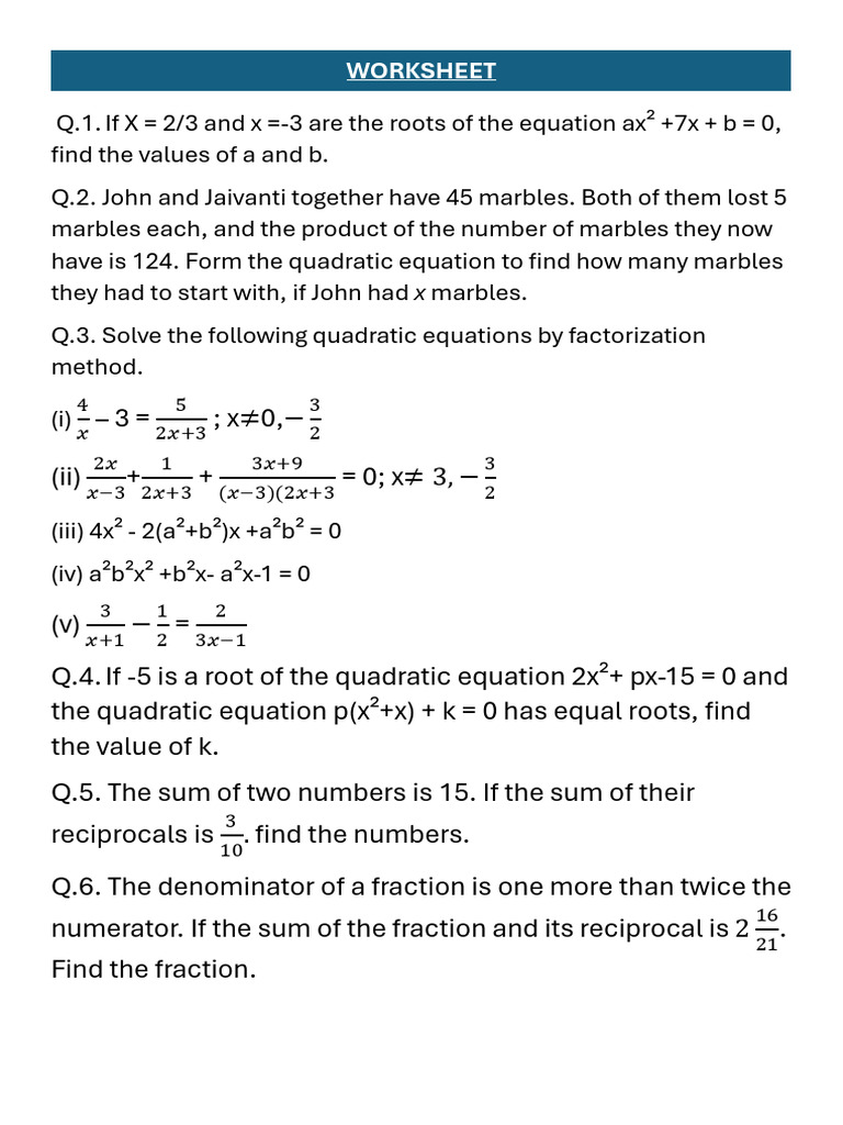 Quadratic Equations Worksheet Solutions | PDF