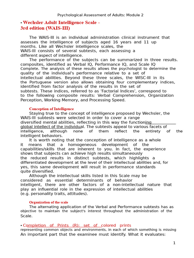 Psychological Evaluation of Adults | PDF | Wechsler Adult Intelligence Scale | Intelligence Quotient