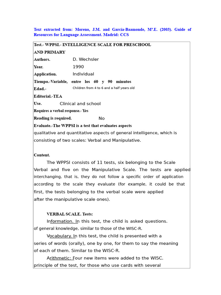 WPPSI Wechsler Preschool and Primary Scale of Intelligence | PDF ...