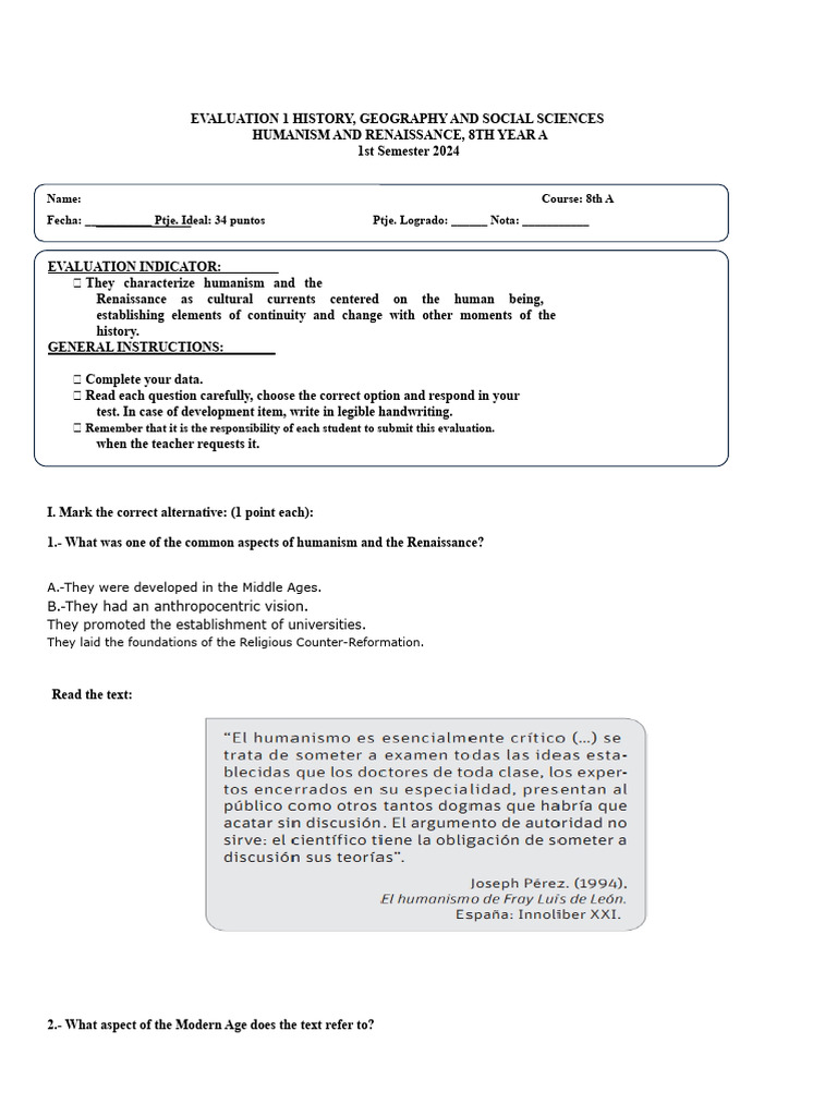 Humanism and Renaissance Evaluation 8A | PDF | Renaissance | Liberal ...