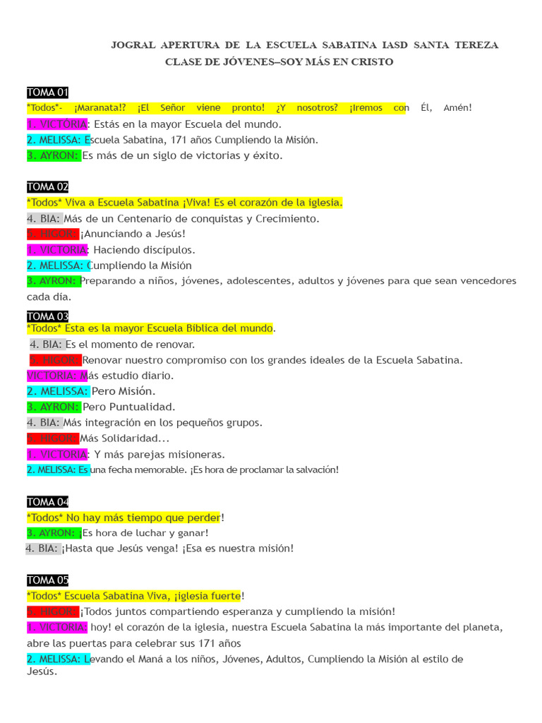 Celebración 171 Años Escuela Sabatina | PDF