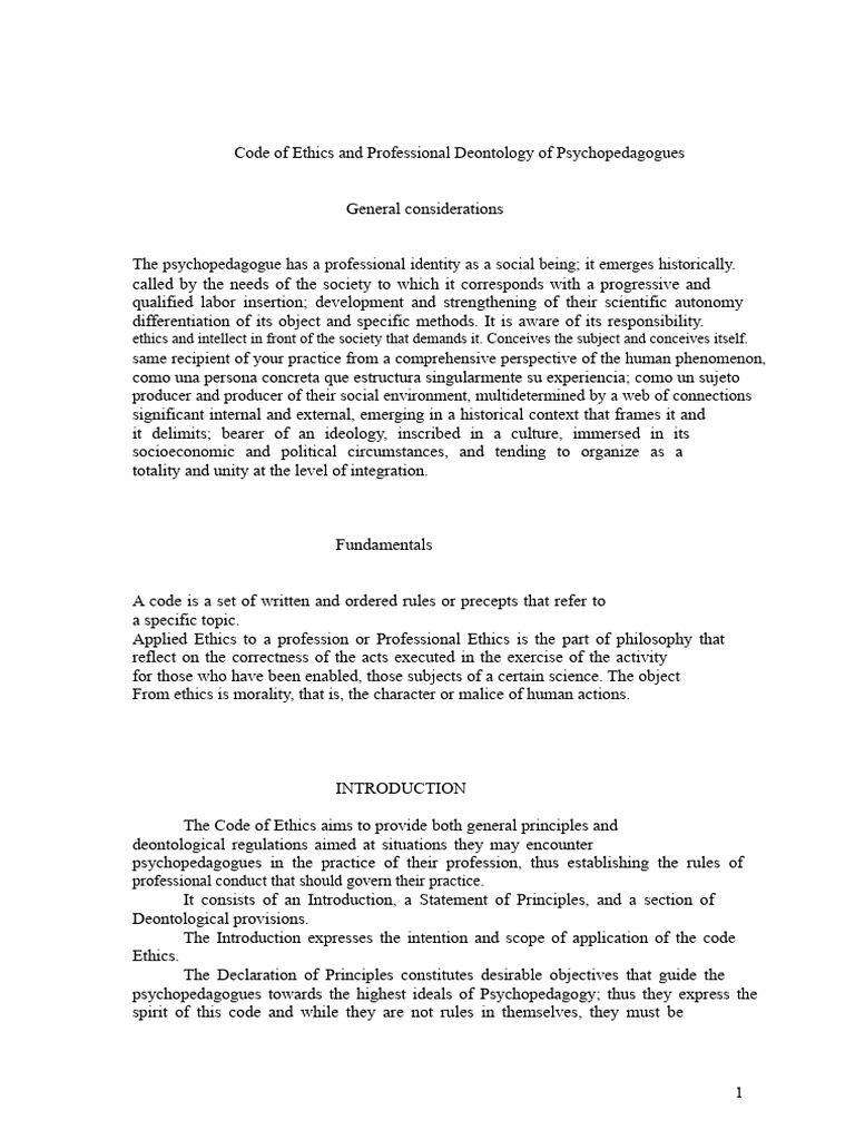 Code of Ethics and Deontology For Psychopedagogists | PDF | Educational ...