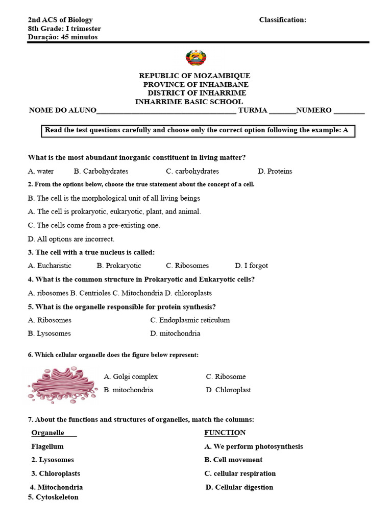 8th Grade Biology ACS Test Questions | PDF | Cell (Biology) | Cellular ...