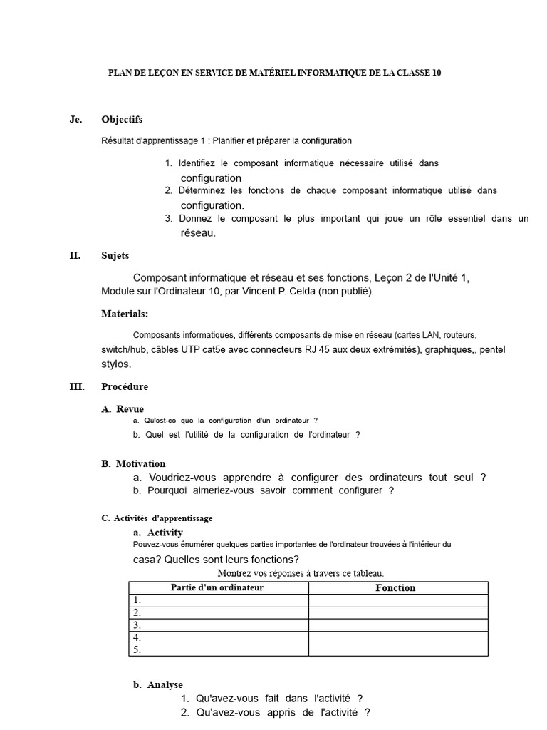 Plan de leçon sur les composants informatiques | PDF | Informatique ...