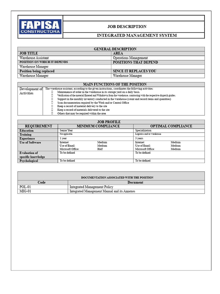 Job Description Warehouse Assistant | PDF | Warehouse | Business