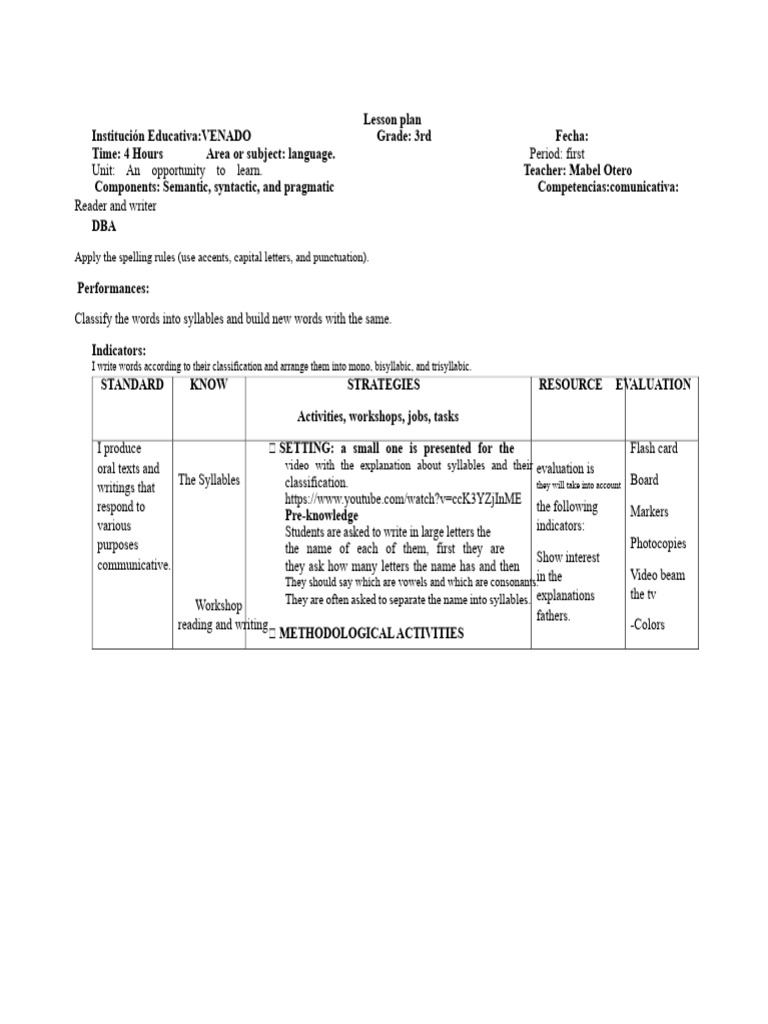 3rd Grade Language Lesson Plan: Syllables | PDF | Syllable | Vowel