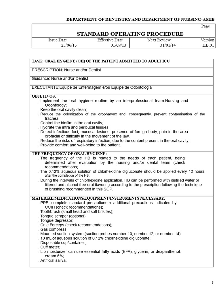 ICU Oral Hygiene SOP for Nurses & Dentists | PDF | Oral Hygiene | Dentist
