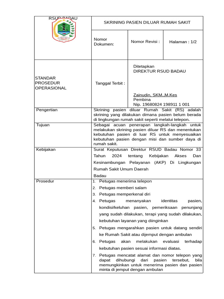 Skrining Pasien RSUD Badau Jarak Jauh | PDF