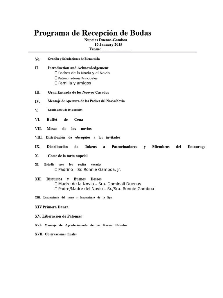 Programa de Recepción de Boda - Ralph y Libby | PDF